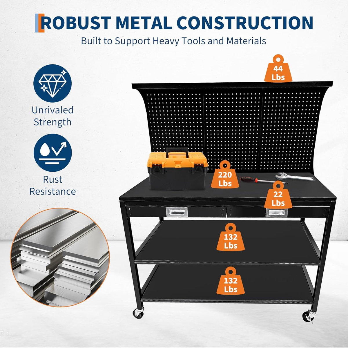 17 Stories 48 Inch Garage Workbench, 3 Tier Heavy Duty Rolling Workbench with 2 Drawers ...